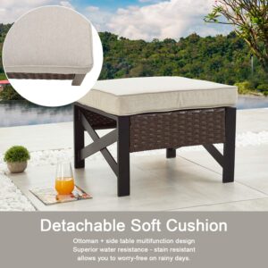 PatioFestival Outdoor Wicker Ottoman Patio Footstool Rattan Furniture Coffee Table All Weather Foot stools Seat with Cushion(Brown)