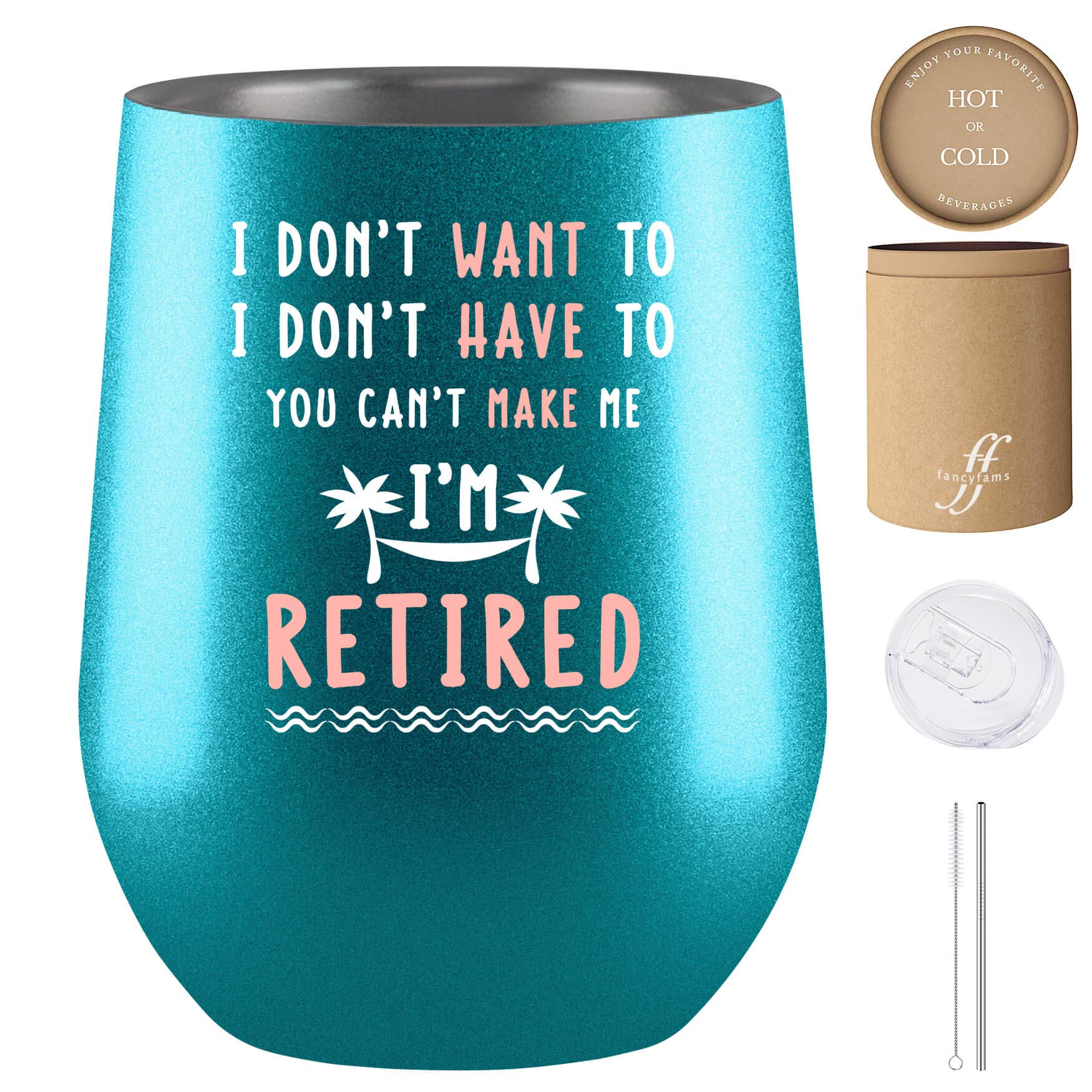 Fancyfams Retirement Gifts for Women 12 oz Stainless Steel Vacuum Insulated Wine Tumbler with Lid and Straw - Retirement Gifts - Happy Retirement - Gift Ideas - Adventure Begins (Turquoise)