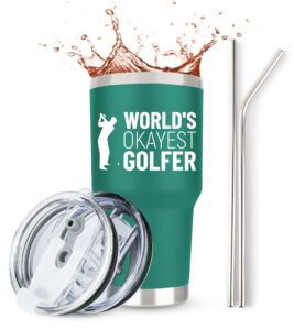 jenvio golf gifts for men | worlds okayest golfer insulated stainless steel travel tumbler mug including 2 lids and 2 straws | funny gag cup dad father husband retirement stuff valentine's day gift