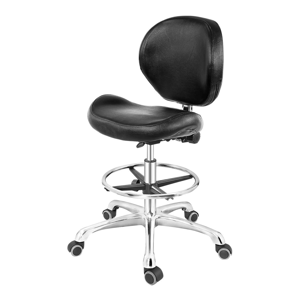 Drafting Chair Adjustable Tall Shop Stool, Rolling Chair with Backrest and Footrest for Computer, Studio, Workshop, Classroom, Lab, Counter, Home Office (Black)