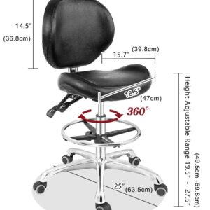 Drafting Chair Adjustable Tall Shop Stool, Rolling Chair with Backrest and Footrest for Computer, Studio, Workshop, Classroom, Lab, Counter, Home Office (Black)