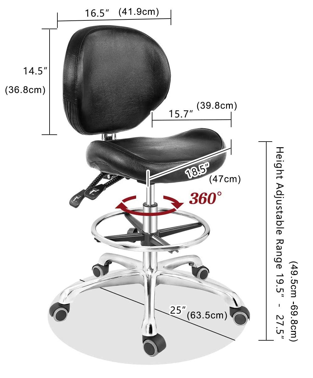 Drafting Chair Adjustable Tall Shop Stool, Rolling Chair with Backrest and Footrest for Computer, Studio, Workshop, Classroom, Lab, Counter, Home Office (Black)