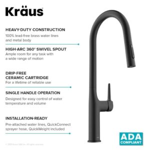 Kraus KPF-3101MB Oletto Modern Pull-Down Single Handle Kitchen Faucet, 19.5 inch, Matte Black