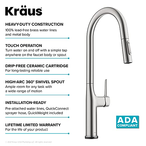 KRAUS Oletto Tall Modern Single-Handle Touch Kitchen Sink Faucet with Pull Down Sprayer in Spot Free Stainless Steel, KTF-3101SFS