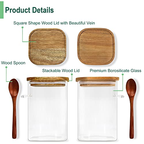 Square Glass food storage Containers with Airtight Lids, 2 Pack with 2 Wooden Spoon, Glass Jars with Wood Lids, Airtight Glass Canisters Sets with lids, Glass Coffee Storage Containers with Wood Lid