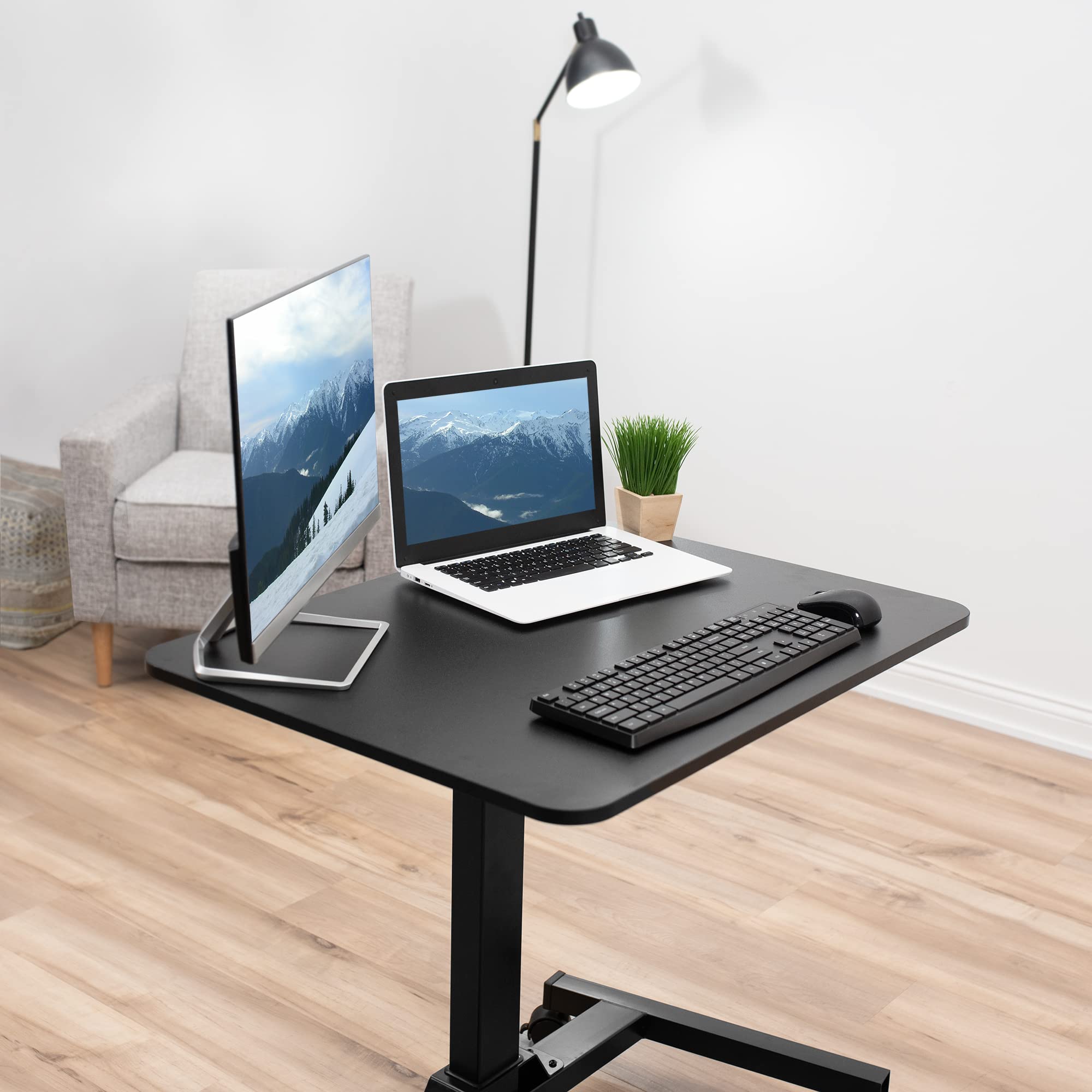 VIVO Mobile 32 inch Pneumatic Sit to Stand Laptop Desk, Rolling Presentation Cart, Height Adjustable Ergonomic Workstation with Locking Wheels, Black, CART-V07B