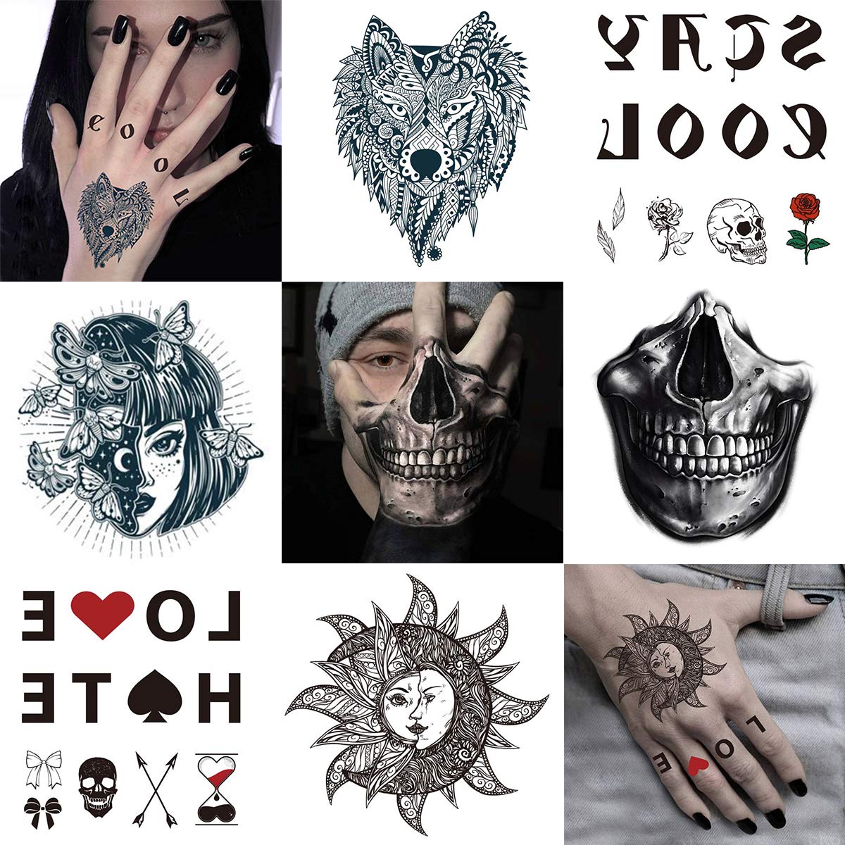 6 Sheets Temporary Tattoos For Men Women Skull Butterfly Wolf Head Number Arrow Tattoo Stickers Boys Girls Waterproof Arm Hands Fake Tatoo Paper For Parties Halloween, Masquerade Balls,Hen Party