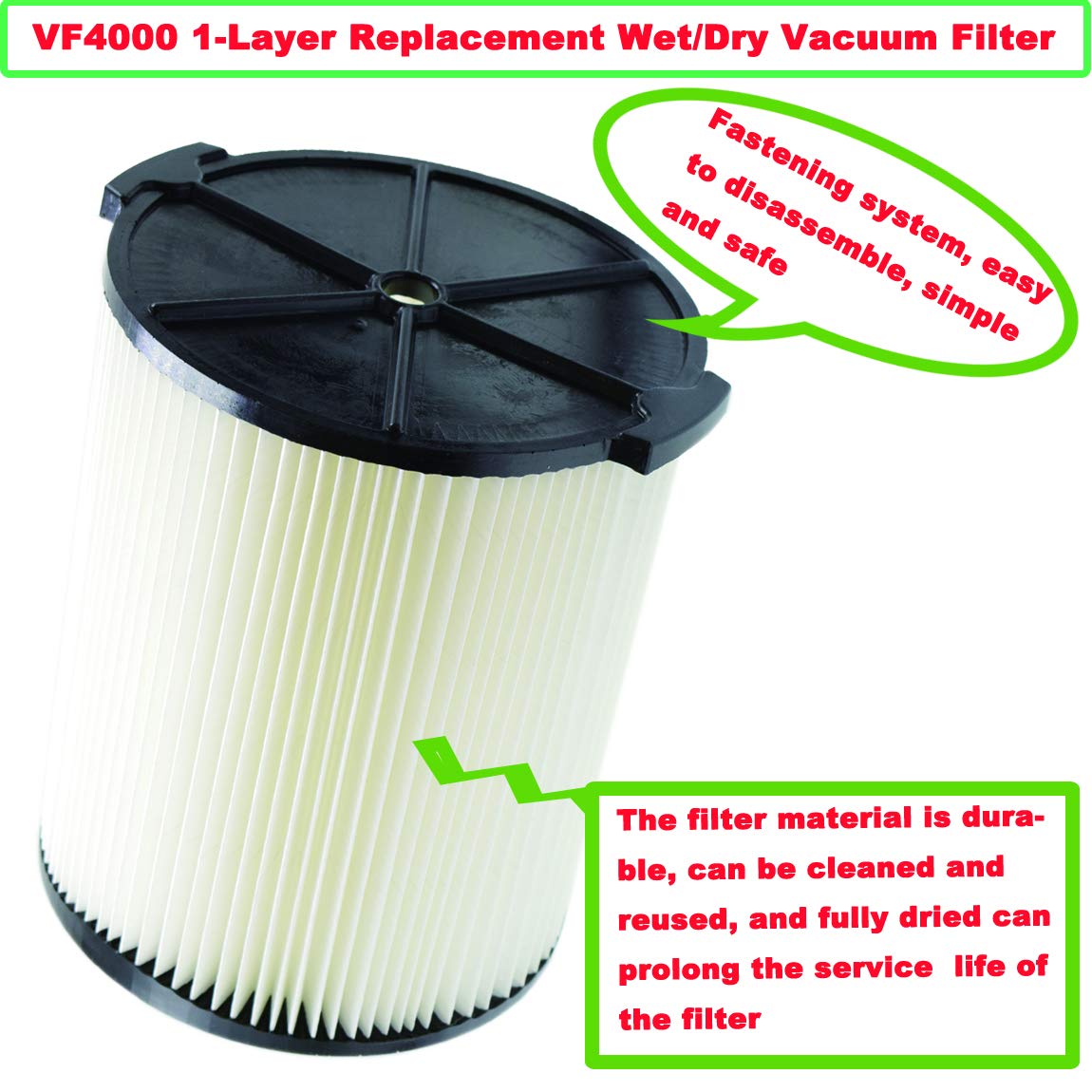 VF4000 Replacement Cartridge Filter Craftsman,for Ridgid 72947 Wet Dry Vac 5 to 20-Gallon 6-9 Gal Husky Craftsman Compatible with RV2400A RV2600B WD5500 WD0671, by NAKAO (1 Pack)