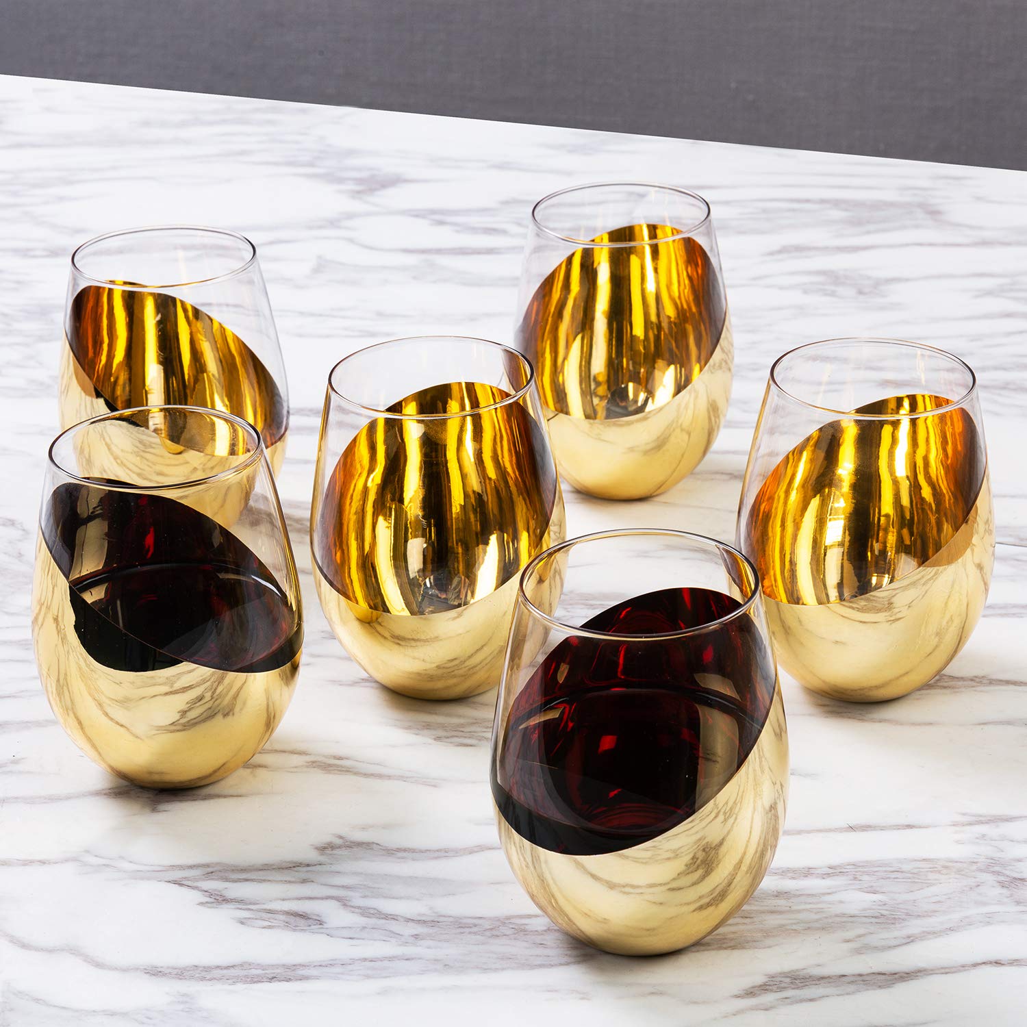 MyGift Modern Stemless Wine Glass Set of 6, White or Red Wine Glasses with Brass Metallic Bottom Angled Design