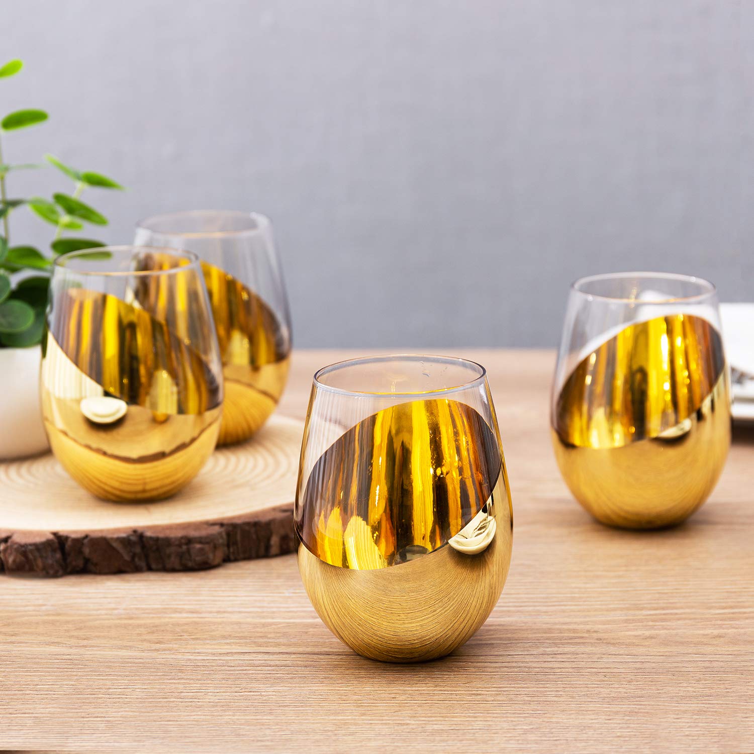 MyGift Modern Stemless Wine Glass Set of 6, White or Red Wine Glasses with Brass Metallic Bottom Angled Design