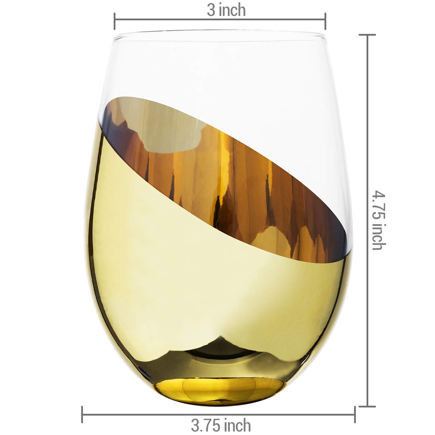 MyGift Modern Stemless Wine Glass Set of 6, White or Red Wine Glasses with Brass Metallic Bottom Angled Design