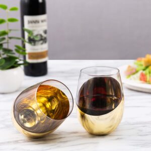 MyGift Modern Stemless Wine Glass Set of 6, White or Red Wine Glasses with Brass Metallic Bottom Angled Design