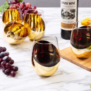 MyGift Modern Stemless Wine Glass Set of 6, White or Red Wine Glasses with Brass Metallic Bottom Angled Design