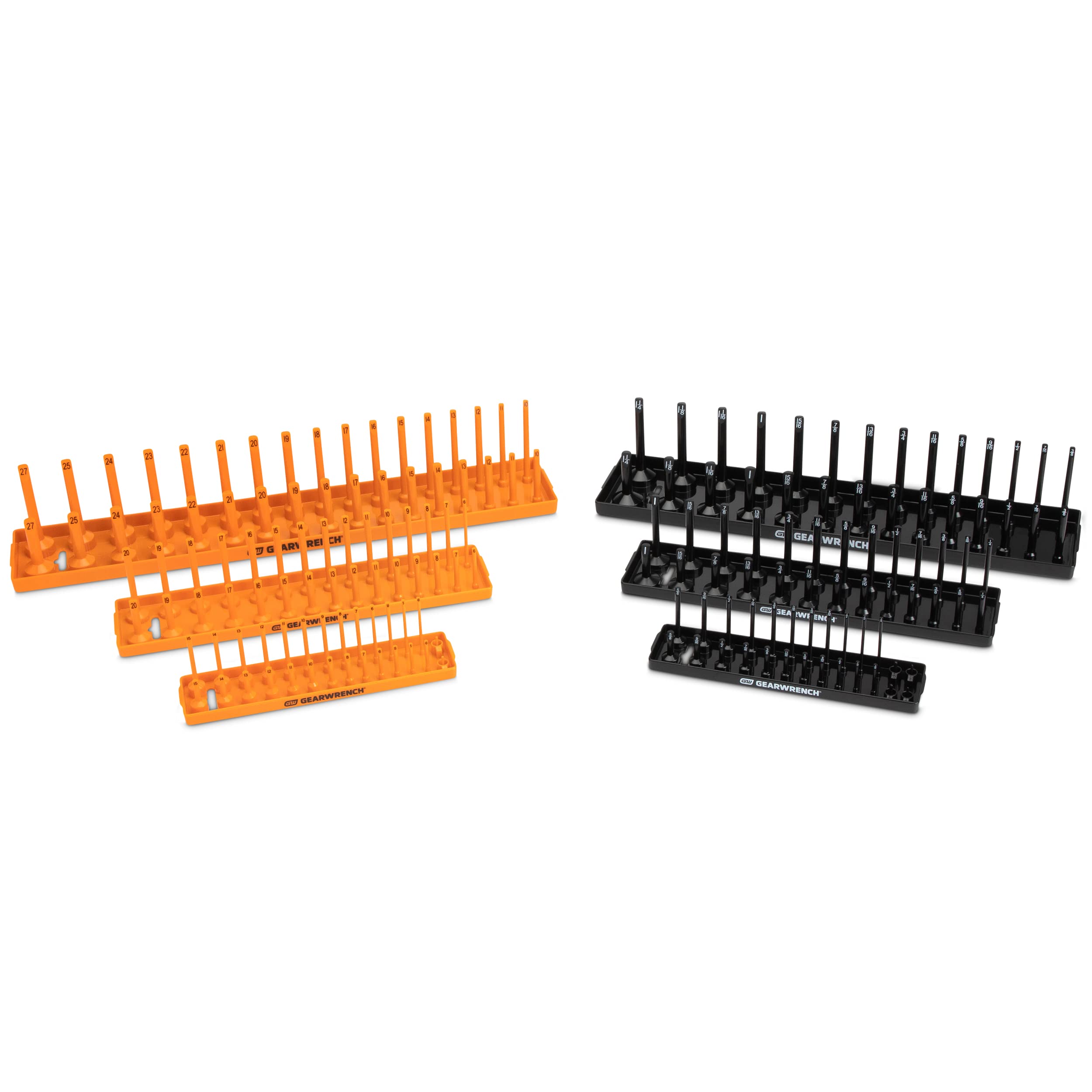 GearWrench 3 Pc. 1/4", 3/8" & 1/2" Drive Orange Metric Socket Storage Tray Set - 83119 and GEARWRENCH GEARWRENCH 3 Pc. 1/4", 3/8" & 1/2" Drive Black SAE Socket Storage Tray Set - 83118