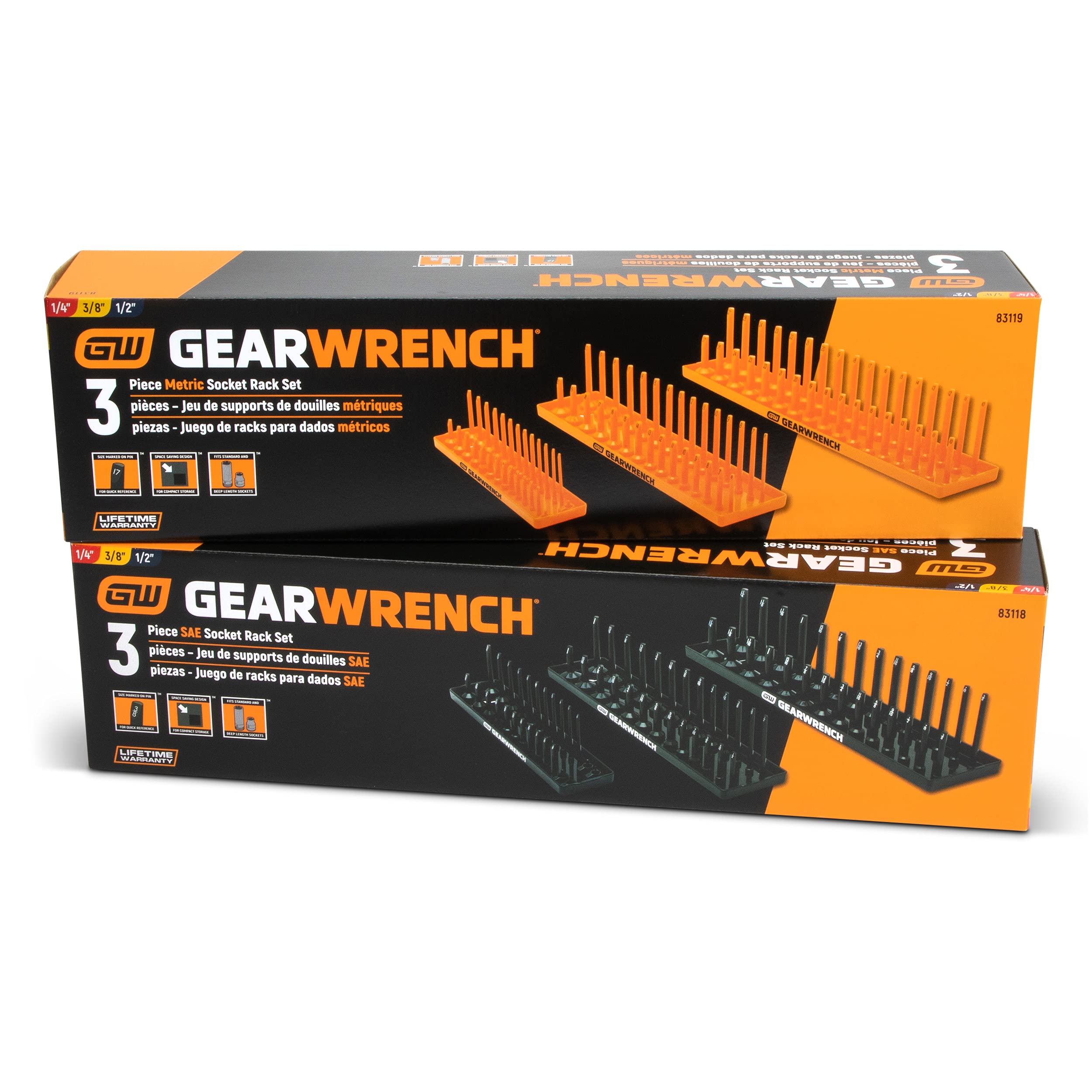 GearWrench 3 Pc. 1/4", 3/8" & 1/2" Drive Orange Metric Socket Storage Tray Set - 83119 and GEARWRENCH GEARWRENCH 3 Pc. 1/4", 3/8" & 1/2" Drive Black SAE Socket Storage Tray Set - 83118