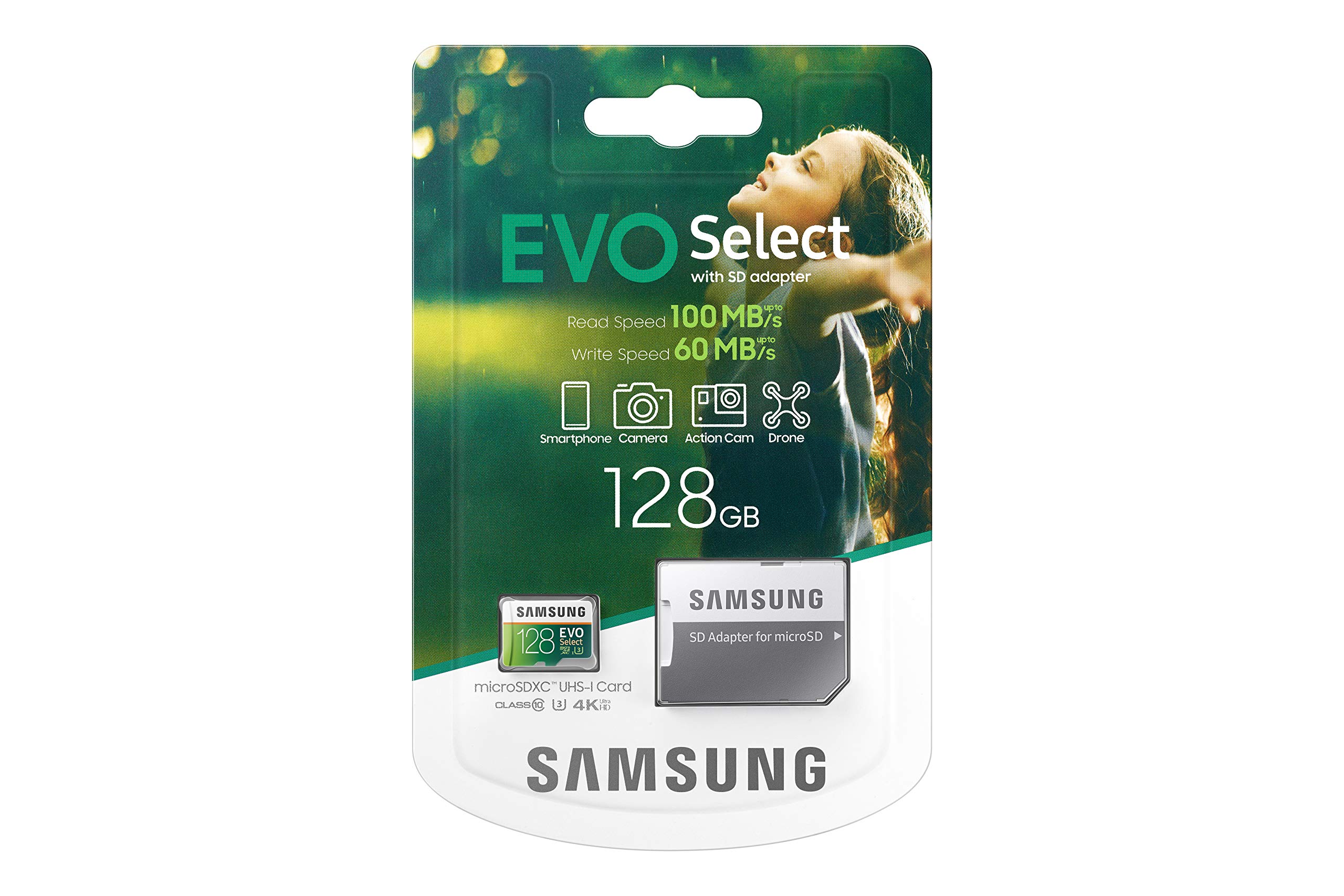 SAMSUNG: EVO Select 128GB MicroSDXC UHS-I U3 100MB/s Full HD & 4K UHD Memory Card with Adapter (MB-ME128HA)