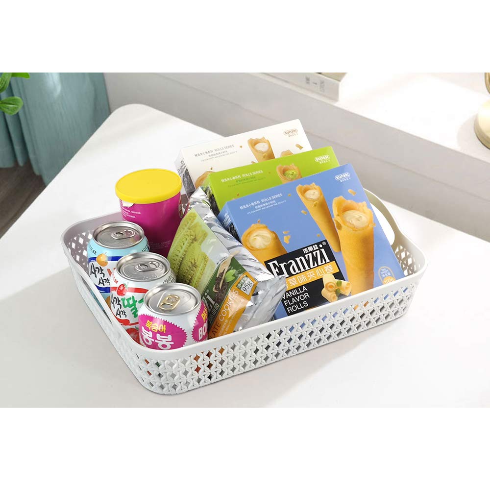 Callyne 6 Packs Large Plastic Storage Tray Baskets with Handles for Organizing, White