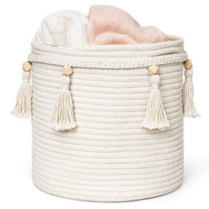 mkono macrame decorative cotton rope basket boho cute woven tassel closet storage bins organizer for nursery,baby toys,magazines, potted plants cover,living room,bedroom,home decor 11"x11",small