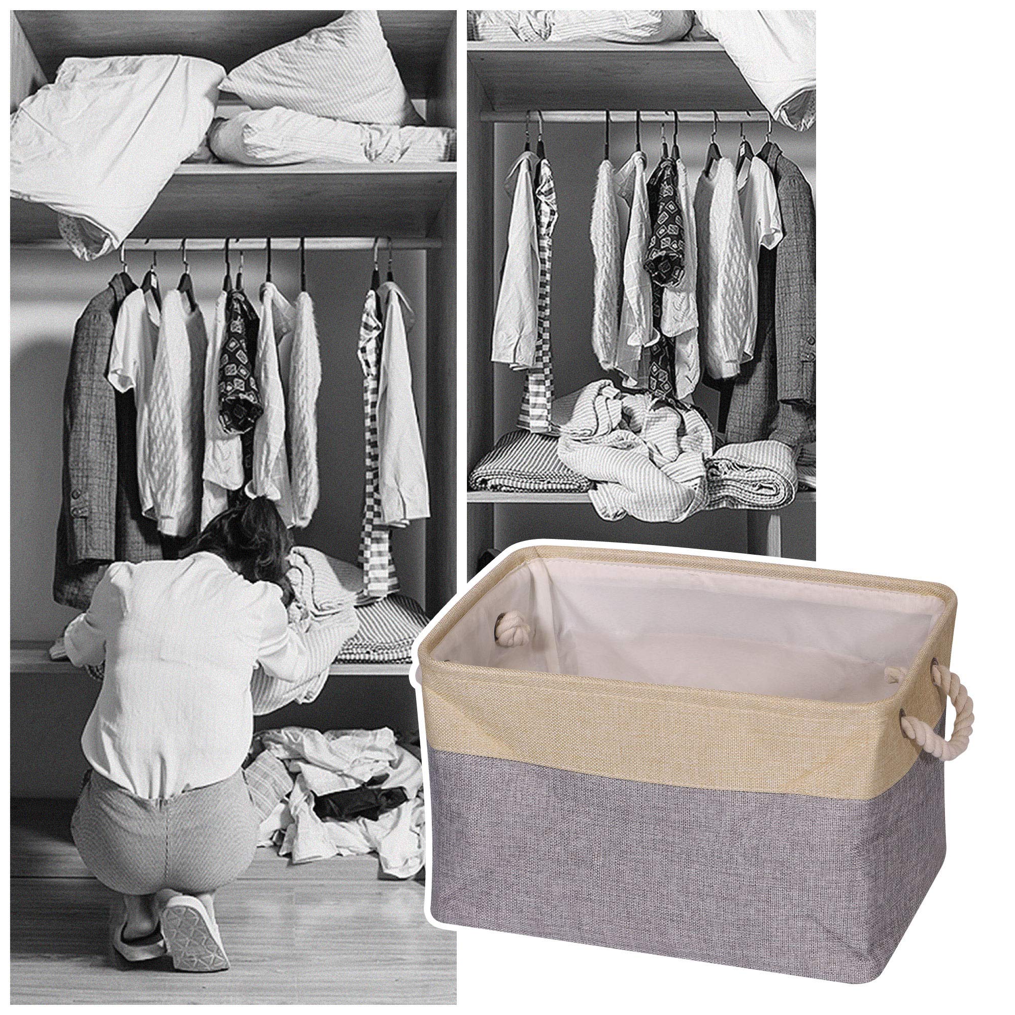 TENABORT Set of 4 Large Storage Basket Bin, Foldable Storage Cube Box Canvas Fabric Collapsible Organizer with Handles for Closet Home Office Clothes Shelf Nursery, Grey and Beige