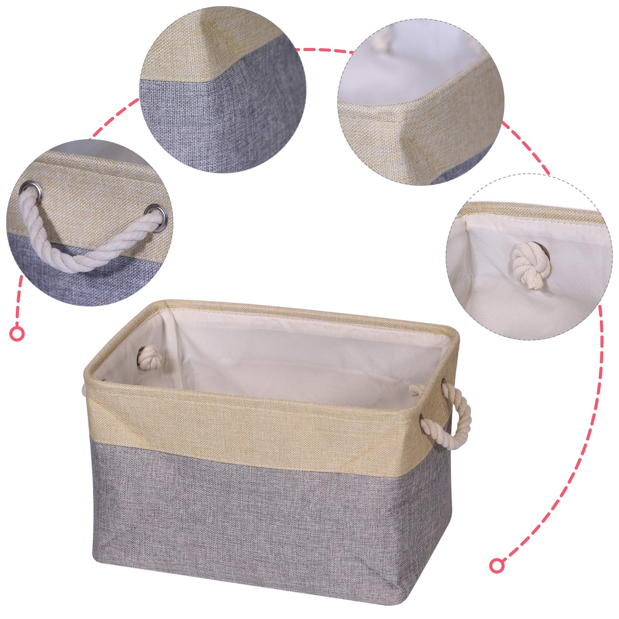 TENABORT Set of 4 Large Storage Basket Bin, Foldable Storage Cube Box Canvas Fabric Collapsible Organizer with Handles for Closet Home Office Clothes Shelf Nursery, Grey and Beige