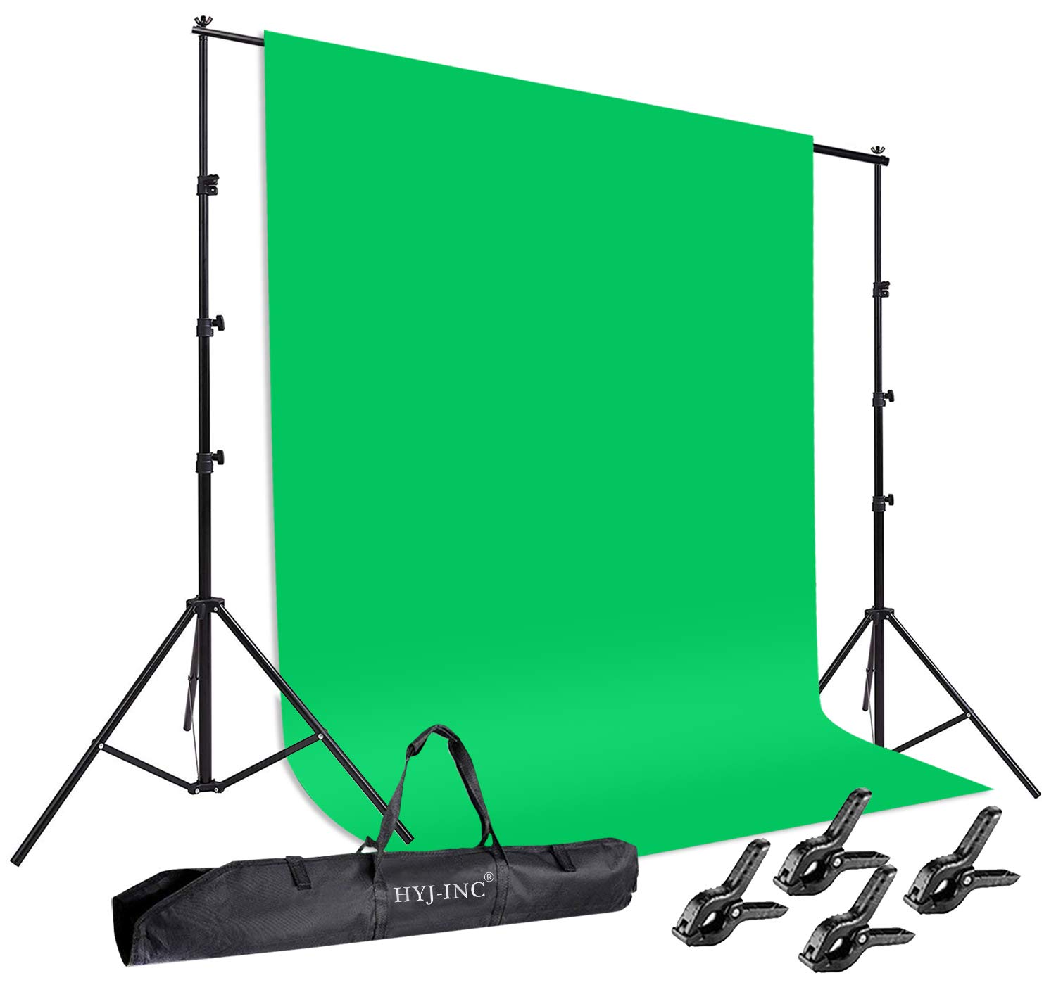 HYJ-INC Photo Background Support System with 8.5 x 10ft Backdrop Stand Kit, 6 x 9.5ft 100% Pure Muslin Chromakey Green Screen Backdrop,Clamp, Carry Bag for Photography Video Studio