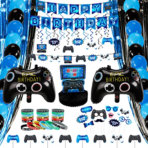 DECORLIFE 99PCS Gamer Birthday Decorations, Video Game Party Favors for Boys, Cupcake Toppers, 24PCS Wristbands, Cetnerpiece, Photo Booth Props