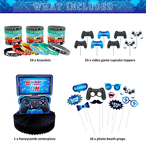 DECORLIFE 99PCS Gamer Birthday Decorations, Video Game Party Favors for Boys, Cupcake Toppers, 24PCS Wristbands, Cetnerpiece, Photo Booth Props