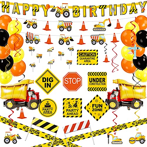 73PCS Construction Birthday Decorations for Boys, Cupcake Toppers, Barricades, Caution Tape, Foil Balloons, Banners, Hanging Swirls, Construction Birthday Party Supplies