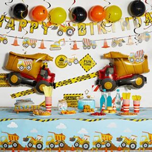 73PCS Construction Birthday Decorations for Boys, Cupcake Toppers, Barricades, Caution Tape, Foil Balloons, Banners, Hanging Swirls, Construction Birthday Party Supplies