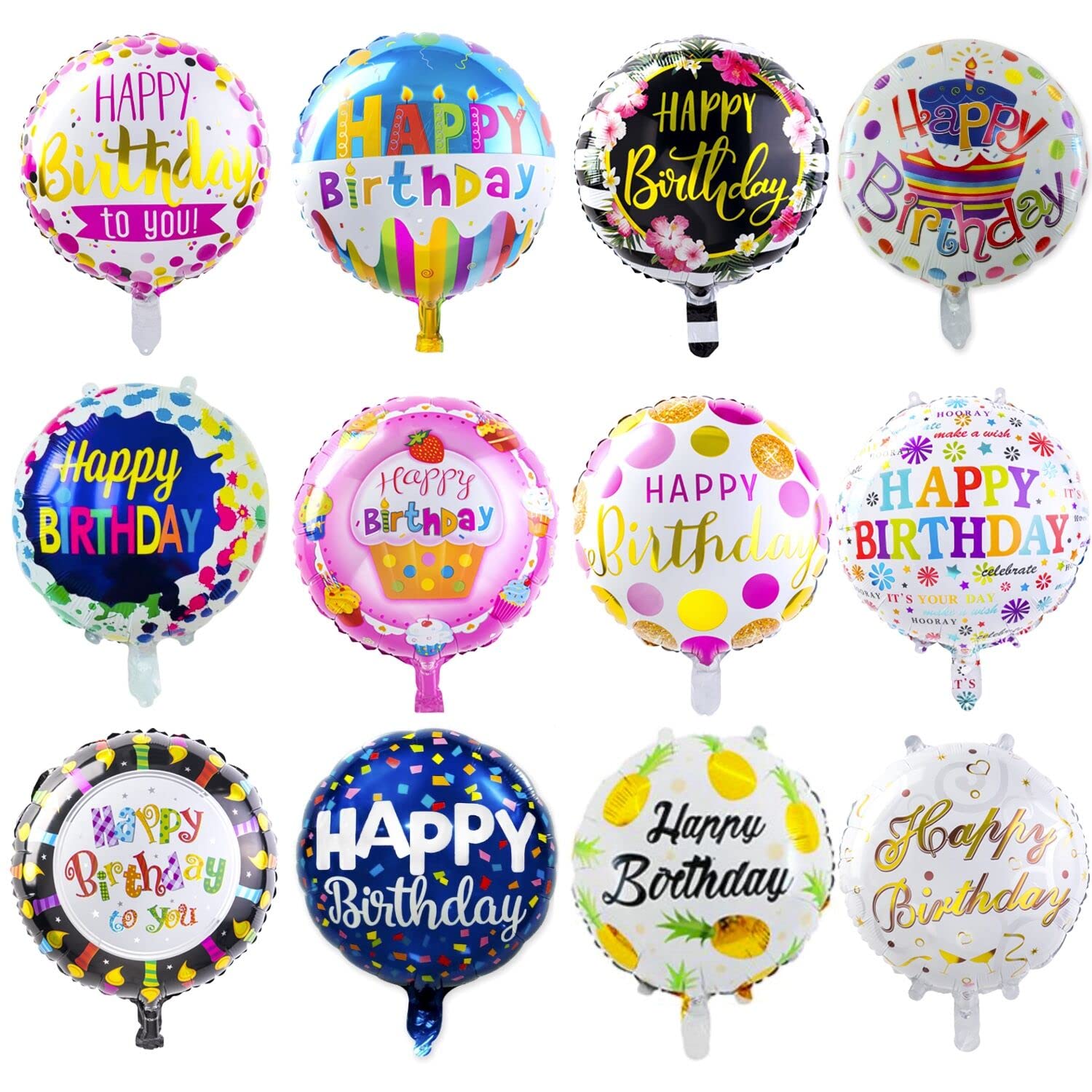 Happy Birthday Aluminum Foil Balloons (50-Pieces) Helium Floating Mylar Balloon Party Decoration Supplies - 18 Inches Round Inflatable Balloons