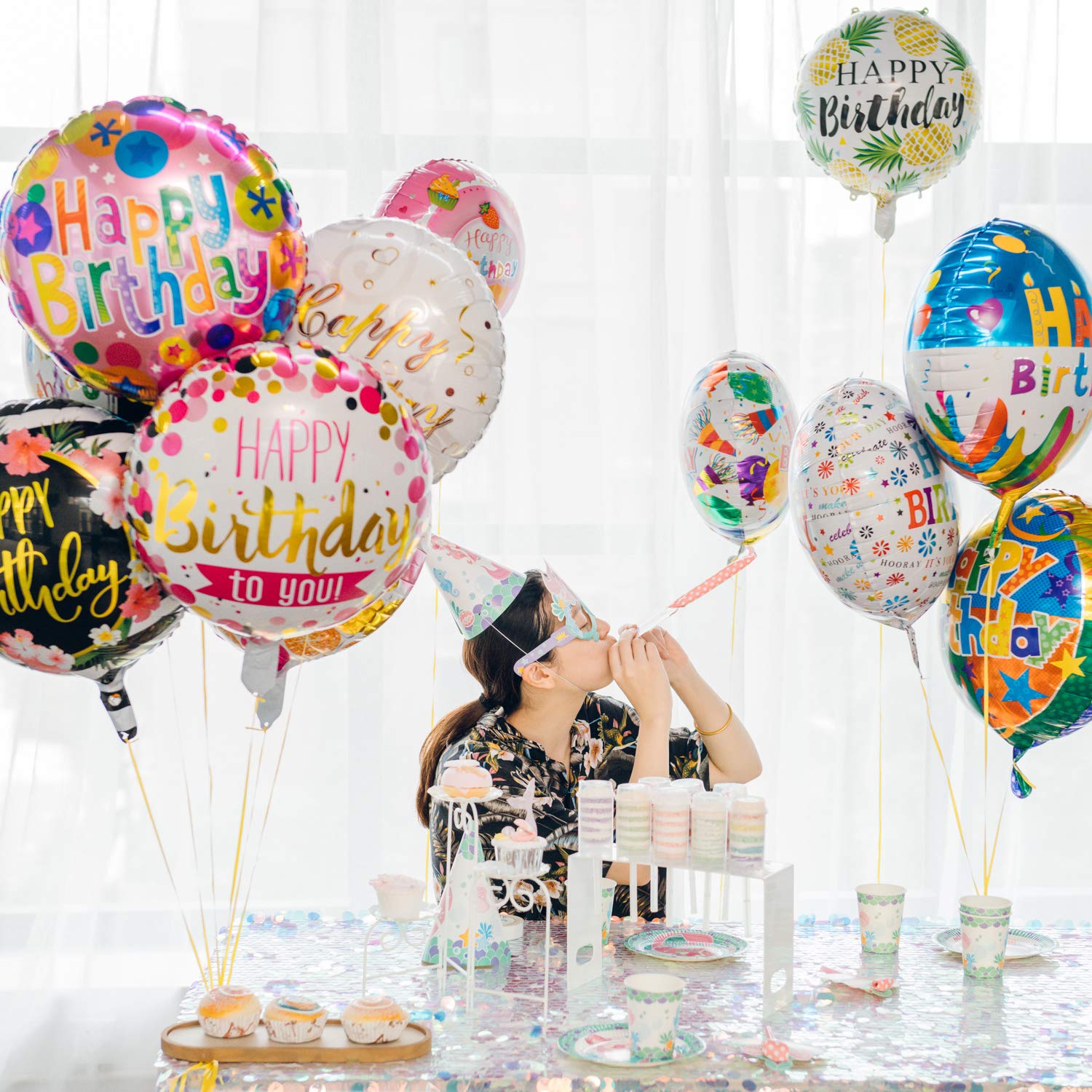 Happy Birthday Aluminum Foil Balloons (50-Pieces) Helium Floating Mylar Balloon Party Decoration Supplies - 18 Inches Round Inflatable Balloons