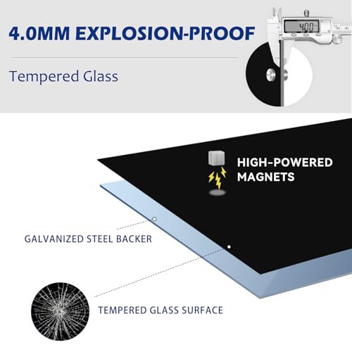 WALGLASS Black Dry Erase Board 46"x33", Large Magnetic Glass Board, Framless Tempered Black Glass Whiteboard for Walls, Office, School, 6 Strong Magnets, 1 Acrylic Pen Tray