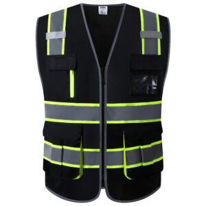 jksafety 9 pockets high visibility safety vest for men and women zipper front with hi-vis reflective strips meets ansi/isea standards (130-black, large)