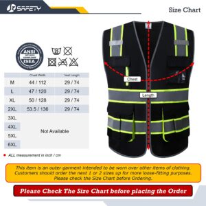 JKSafety 9 Pockets High Visibility Safety Vest for Men and Women Zipper Front with Hi-Vis Reflective Strips Meets ANSI/ISEA Standards (130-Black, Large)