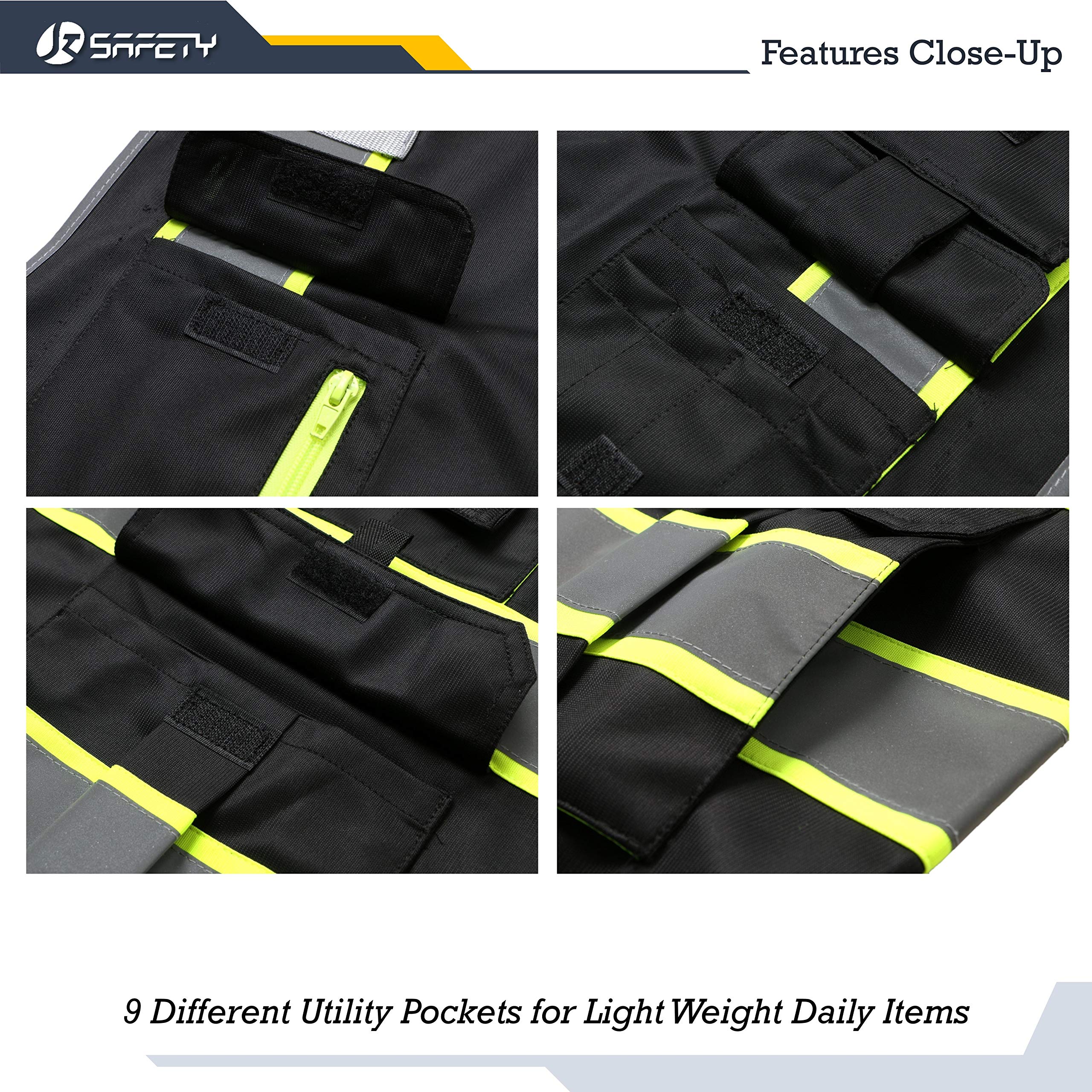 JKSafety 9 Pockets High Visibility Safety Vest for Men and Women Zipper Front with Hi-Vis Reflective Strips Meets ANSI/ISEA Standards (130-Black, Large)