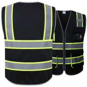 JKSafety 9 Pockets High Visibility Safety Vest for Men and Women Zipper Front with Hi-Vis Reflective Strips Meets ANSI/ISEA Standards (130-Black, Large)