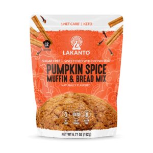 lakanto sugar free pumpkin spice muffin and bread mix - sweetened with monk fruit, keto diet friendly, gluten free, dairy free, 1g net carbs - makes 12 muffins