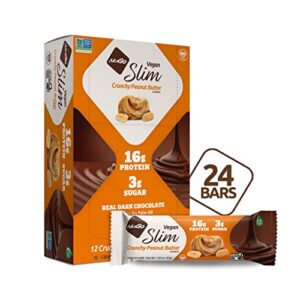 nugo slim dark chocolate crunchy peanut butter, 16g vegan protein, 3g sugar, 7g fiber, 180 calories, low net carbs, gluten free, 24 count