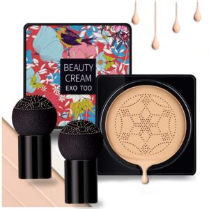 nuibo air cushion cc cream mushroom head, moisturizing concealer makeup base, primer liquid foundation long lasting with two mushroom makeup sponges 【natural】【screw lid】