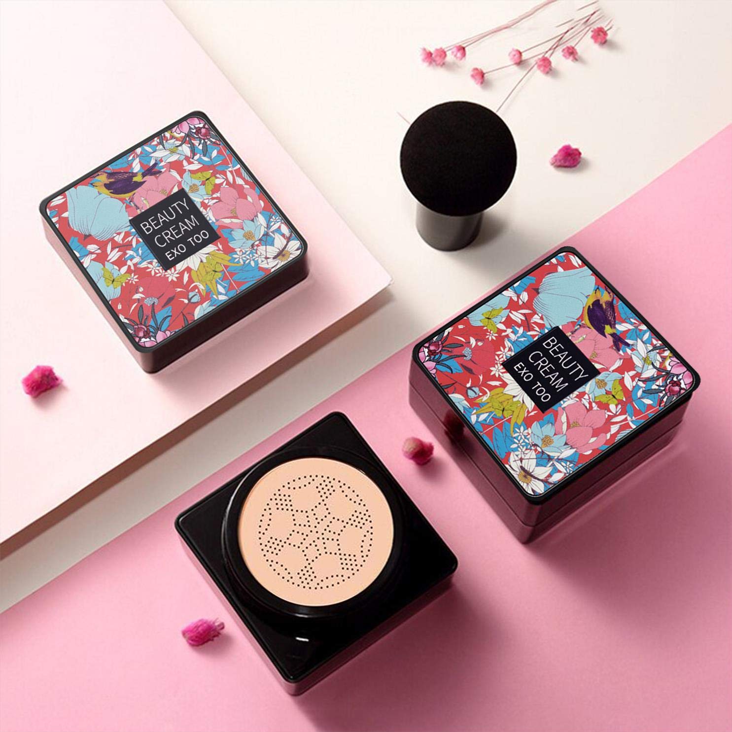 NUIBO Air Cushion CC Cream Mushroom Head, Moisturizing Concealer Makeup Base, Primer Liquid Foundation Long Lasting with Two Mushroom Makeup Sponges 【Natural】【Screw lid】