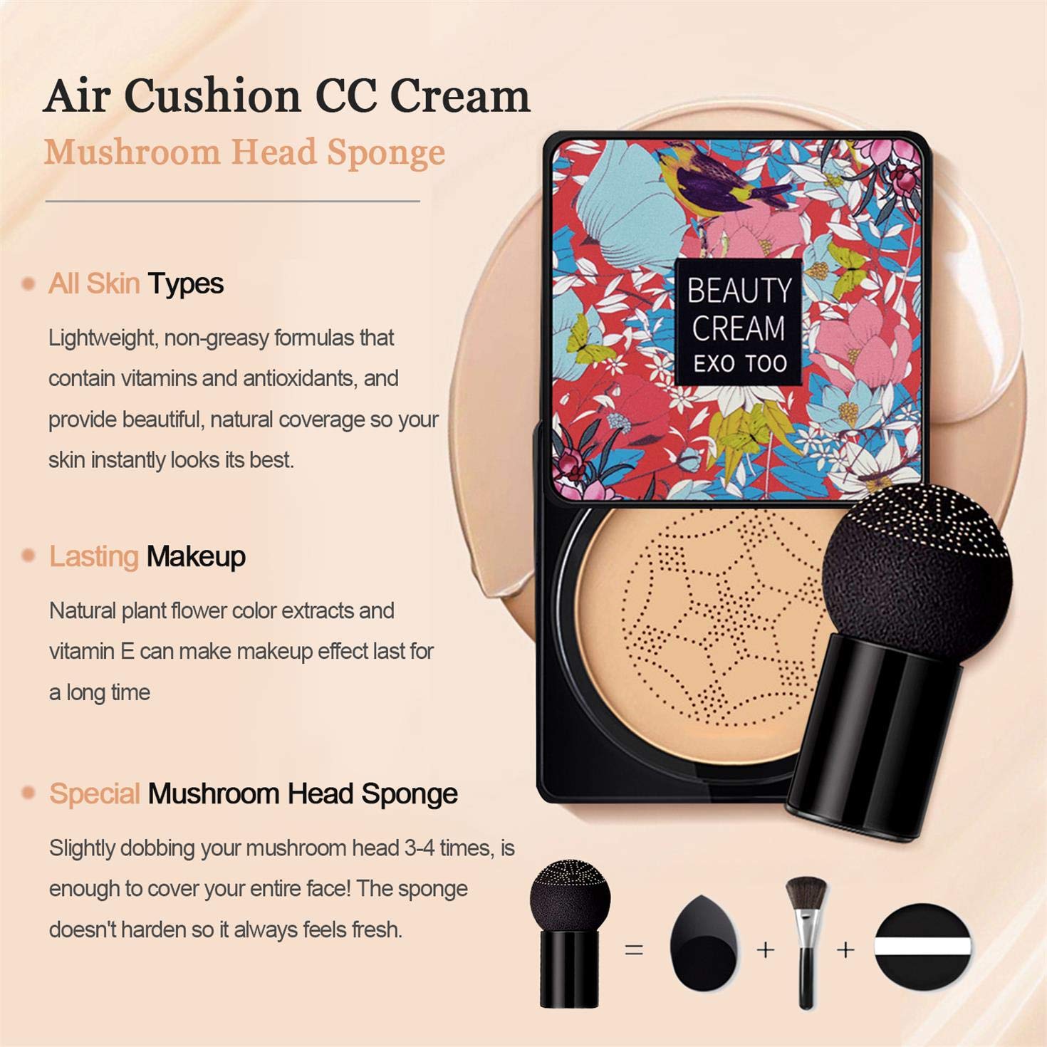 NUIBO Air Cushion CC Cream Mushroom Head, Moisturizing Concealer Makeup Base, Primer Liquid Foundation Long Lasting with Two Mushroom Makeup Sponges 【Natural】【Screw lid】