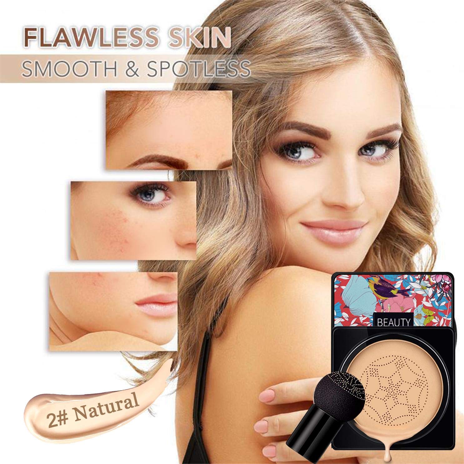 NUIBO Air Cushion CC Cream Mushroom Head, Moisturizing Concealer Makeup Base, Primer Liquid Foundation Long Lasting with Two Mushroom Makeup Sponges 【Natural】【Screw lid】