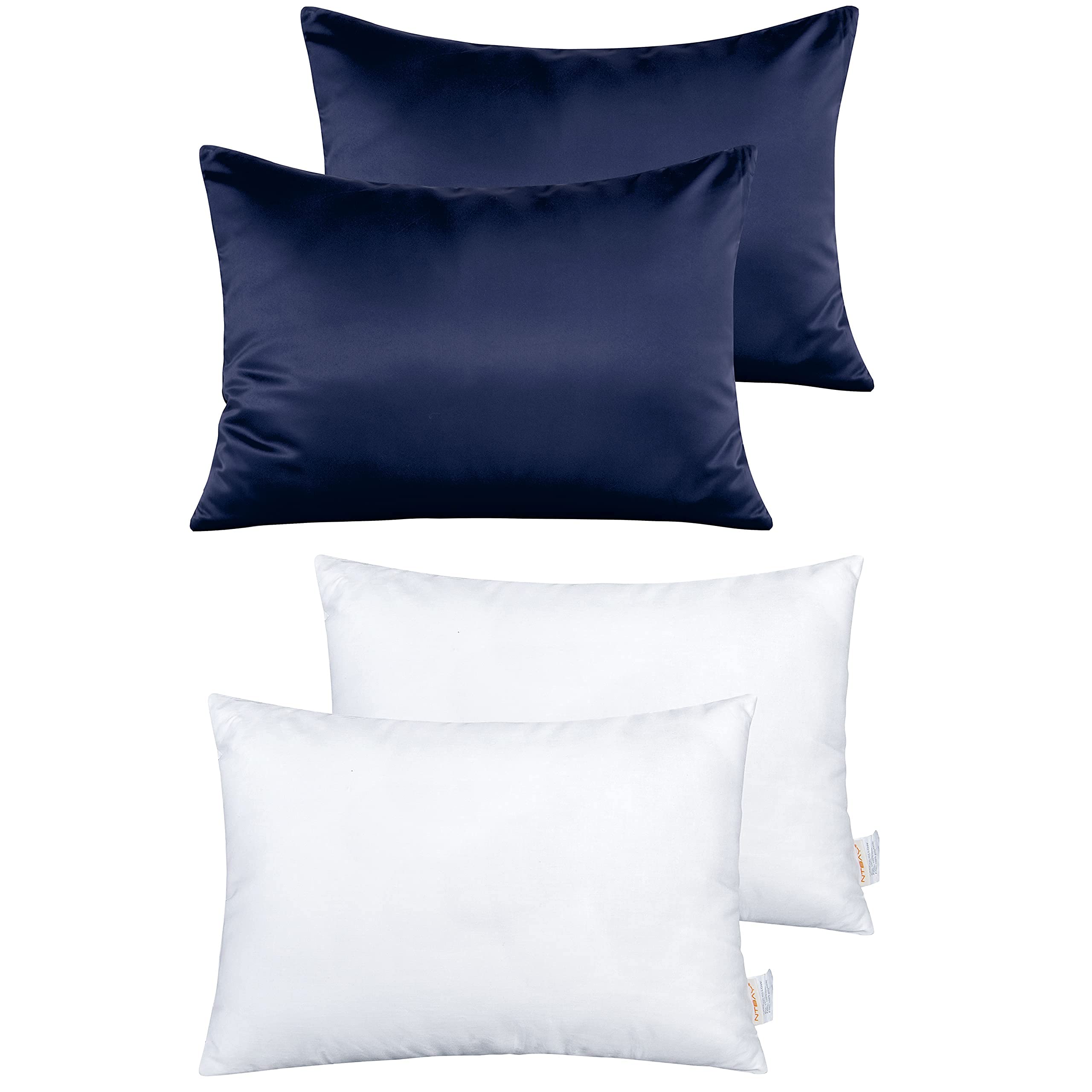 NTBAY 2 Pack Cotton 13" x18" Pillows with Toddler Satin Pillowcases, Soft Kids Crib Pillows for Sleeping with Zippered Baby Travel Pillow Cases in Daycare Preschool, Navy Blue