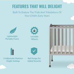 Dream On Me 2 in 1 Folding Portable Crib in Cool Grey, Greenguard Gold Certified , 40x26x38 Inch (Pack of 1)