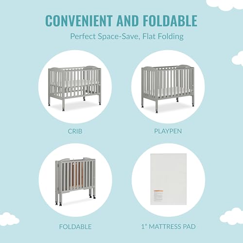 Dream On Me 2 in 1 Folding Portable Crib in Cool Grey, Greenguard Gold Certified , 40x26x38 Inch (Pack of 1)