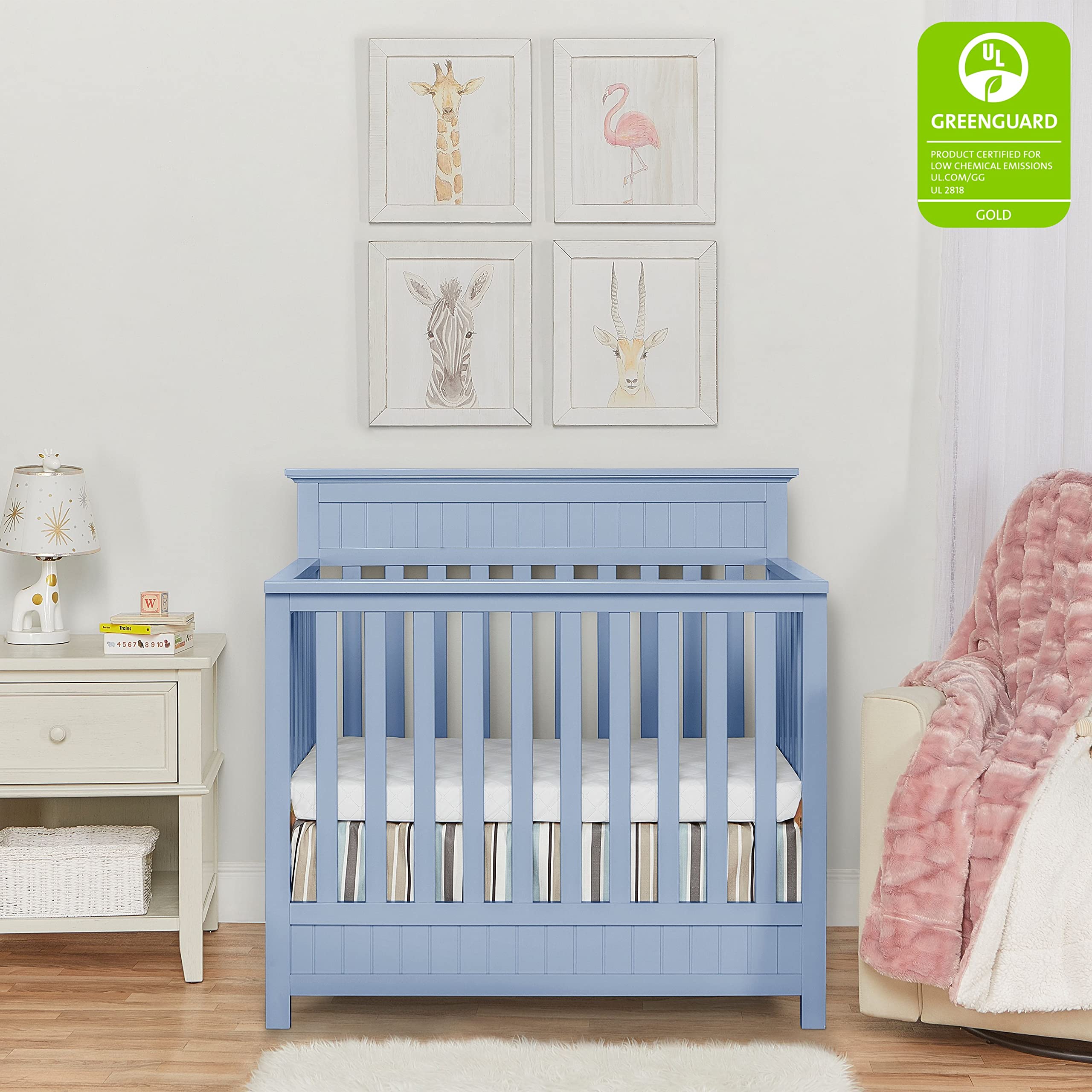 Dream On Me Harbor 4-in-1 Convertible Mini Crib in Dusty Blue, Greenguard Gold Certified