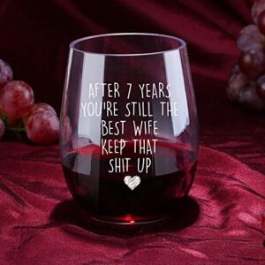 YouNique Designs 7 Years Anniversary Stemless Wine Glass for Her, 15 Ounces, Funny 7th Wedding Anniversary Wine Cup for Wife, Seven Years, Seventh Years