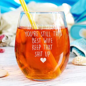 YouNique Designs 7 Years Anniversary Stemless Wine Glass for Her, 15 Ounces, Funny 7th Wedding Anniversary Wine Cup for Wife, Seven Years, Seventh Years