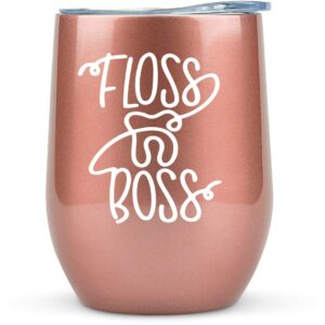 KLUBI Dental Assistant Gifts- Floss Boss 12oz Wine Tumbler or Coffee Mug - Funny Idea for Dentists, Women, Dental Hygiene, Glass, Men, Hygienist