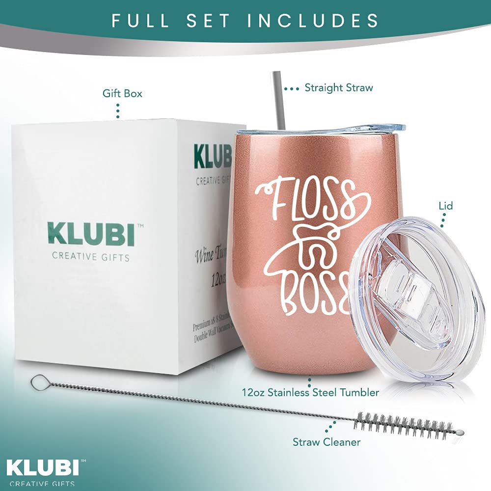 KLUBI Dental Assistant Gifts- Floss Boss 12oz Wine Tumbler or Coffee Mug - Funny Idea for Dentists, Women, Dental Hygiene, Glass, Men, Hygienist